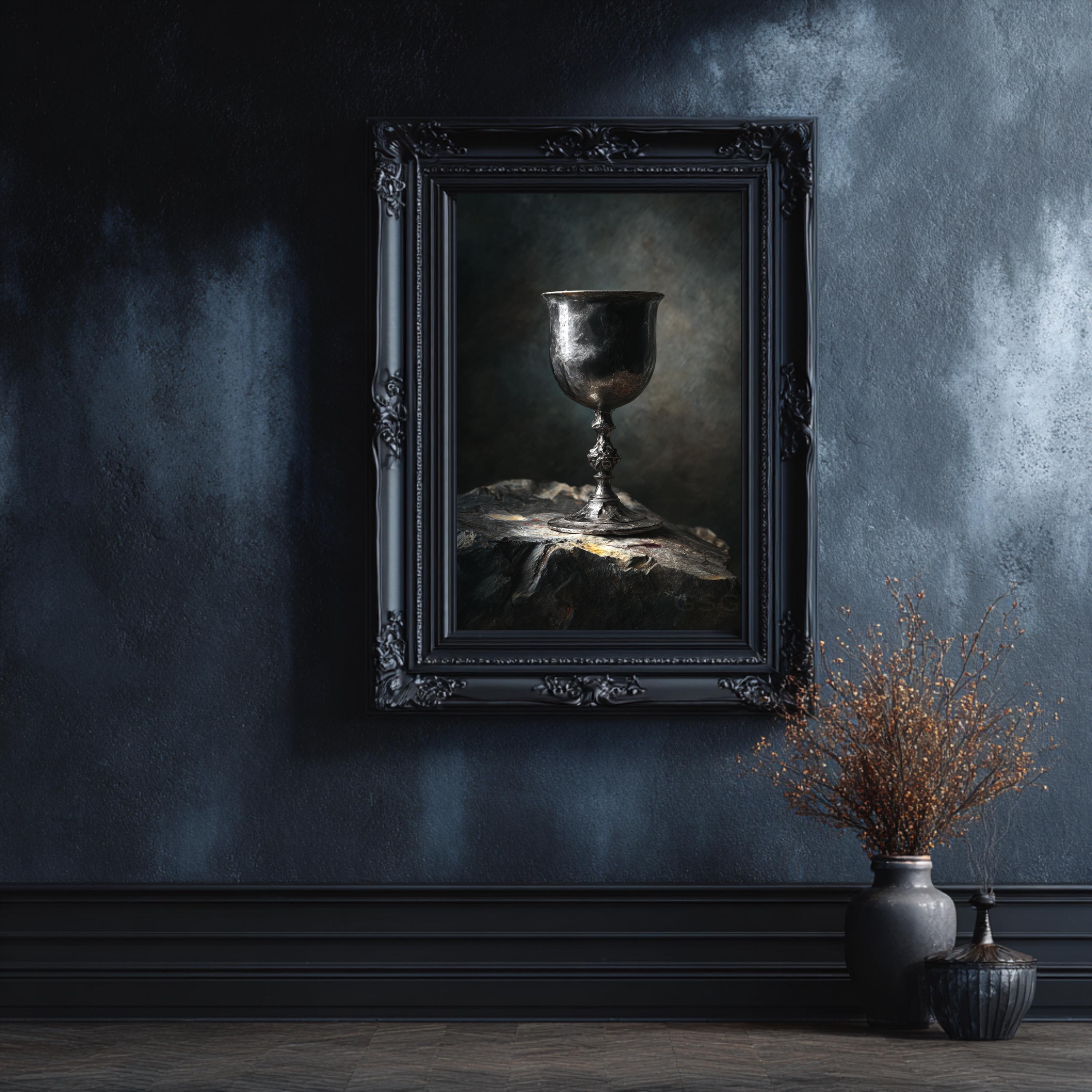 Midnight Silver Chalice Wall Art, Gothic Still Life Oil Painting Print ...