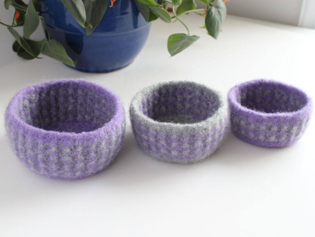 Felted Wool Bowls Crochet PATTERN, 3 Gingham Check Nesting Baskets ...