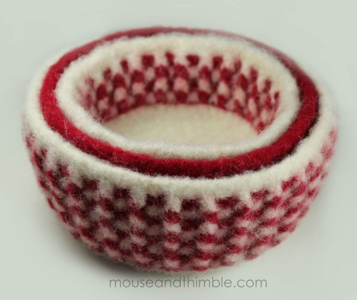 Felted Wool Bowls Crochet PATTERN, 3 Gingham Check Nesting Baskets ...