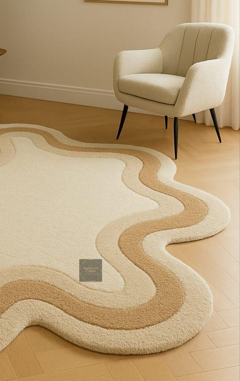 Wavy Shape Rug, Neutral Irregular Area Rug, Hand Tufted Abstract Beige ...