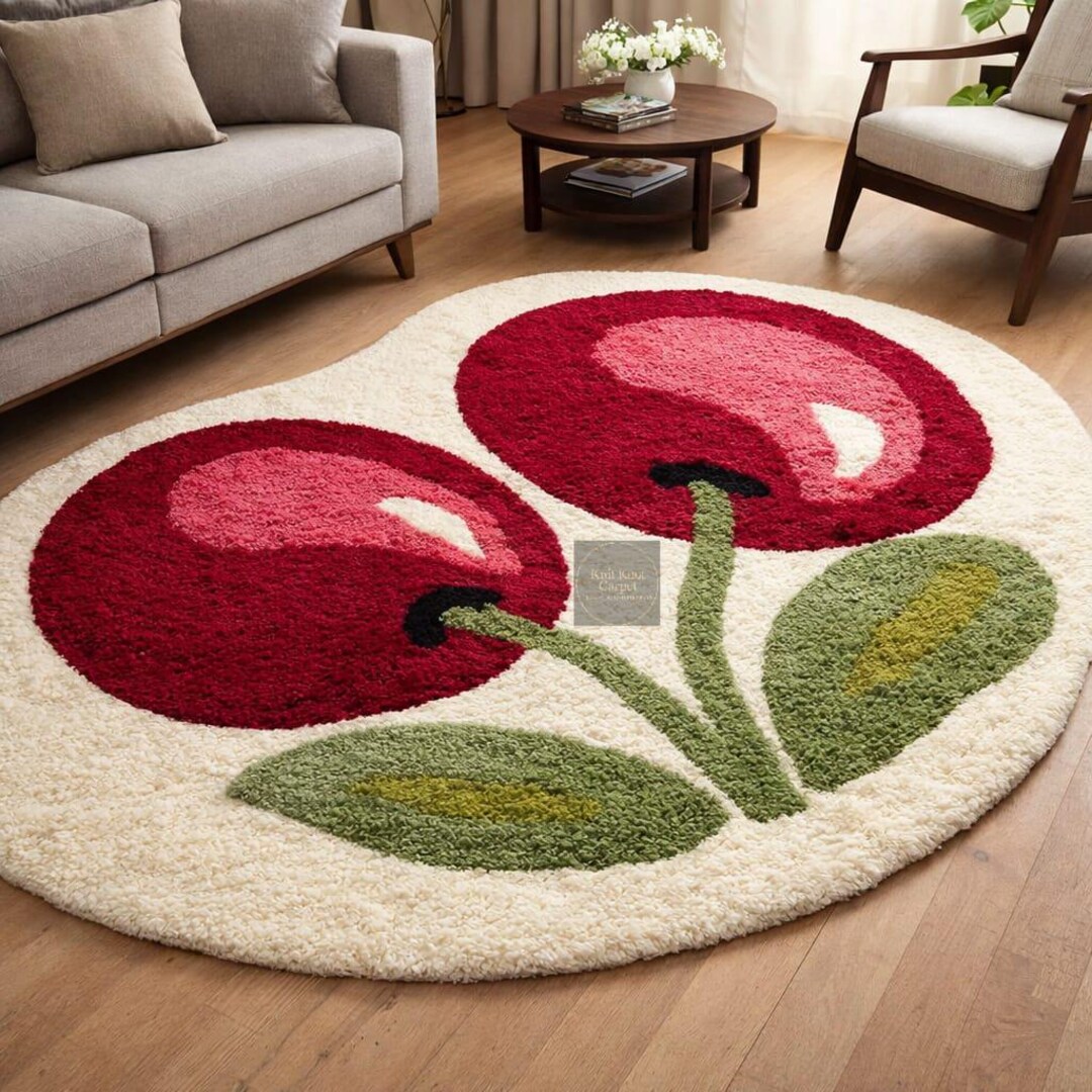 Red Cherry Rug, Hand Tufted Fruit Carpet, Aesthetic Room Decor, Cute ...