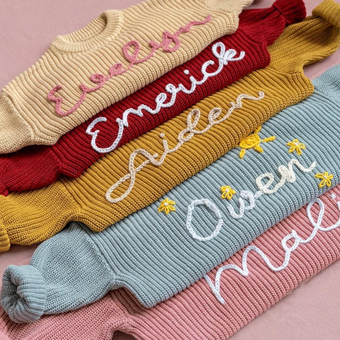 Personalized Hand-embroidered Baby Name Sweater | 100% Cotton Knit - Etsy