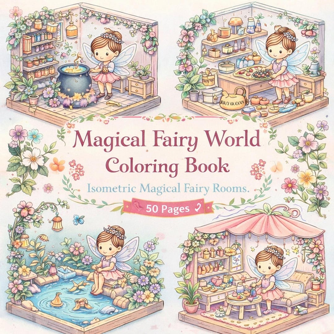 Magical Fairy World Coloring Book, Isometric Coloring Pages, Digital ...