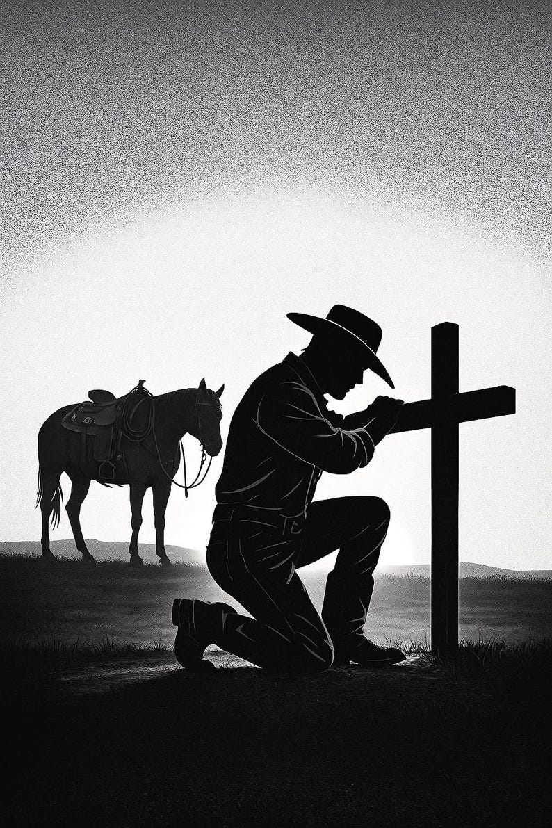 Cowboy Kneeling at Cross Silhouette | Western Line Art | Cowboy Prayer ...
