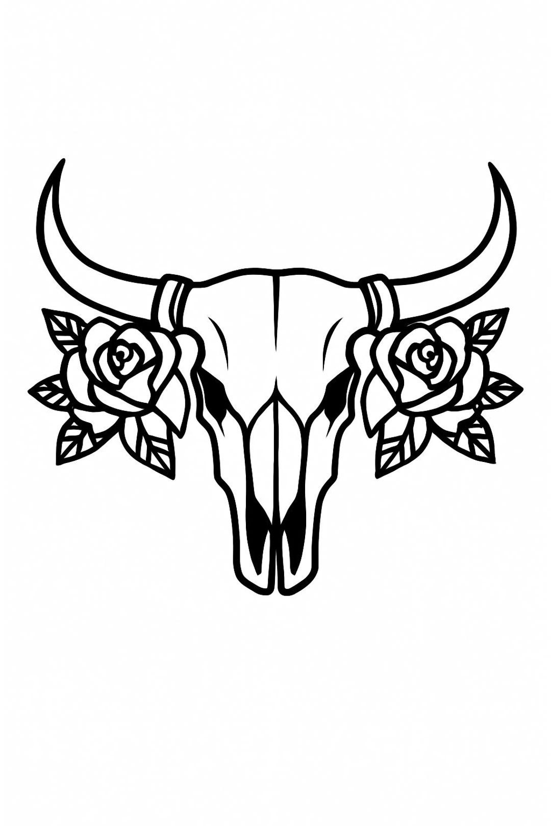 Bull Skull Line Art | Western Floral Tattoo Design | Cowboy Skull PNG ...