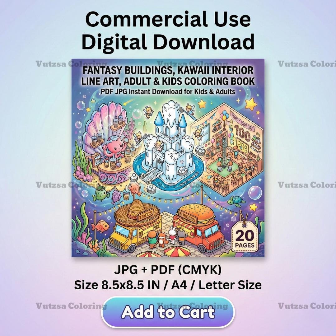 Fantasy Buildings, Kawaii Interior Line Art, Adult & Kids Coloring Book ...