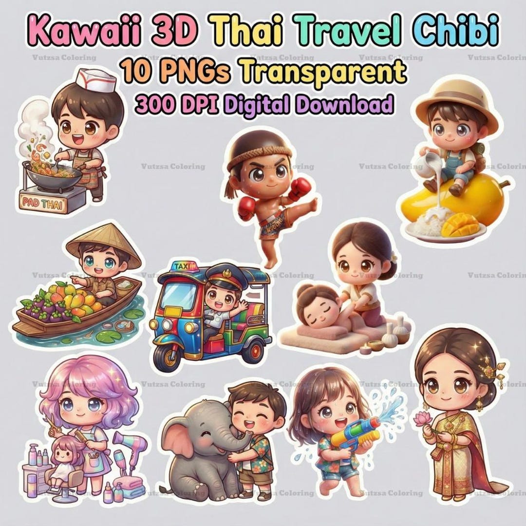 Kawaii Thai Travel Chibi Clipart, 3D Thailand Pngs (digital Download ...