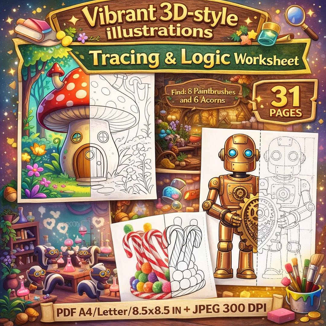 Vibrant 3D Style Illustrations Tracing & Logic Worksheet | Valentine ...