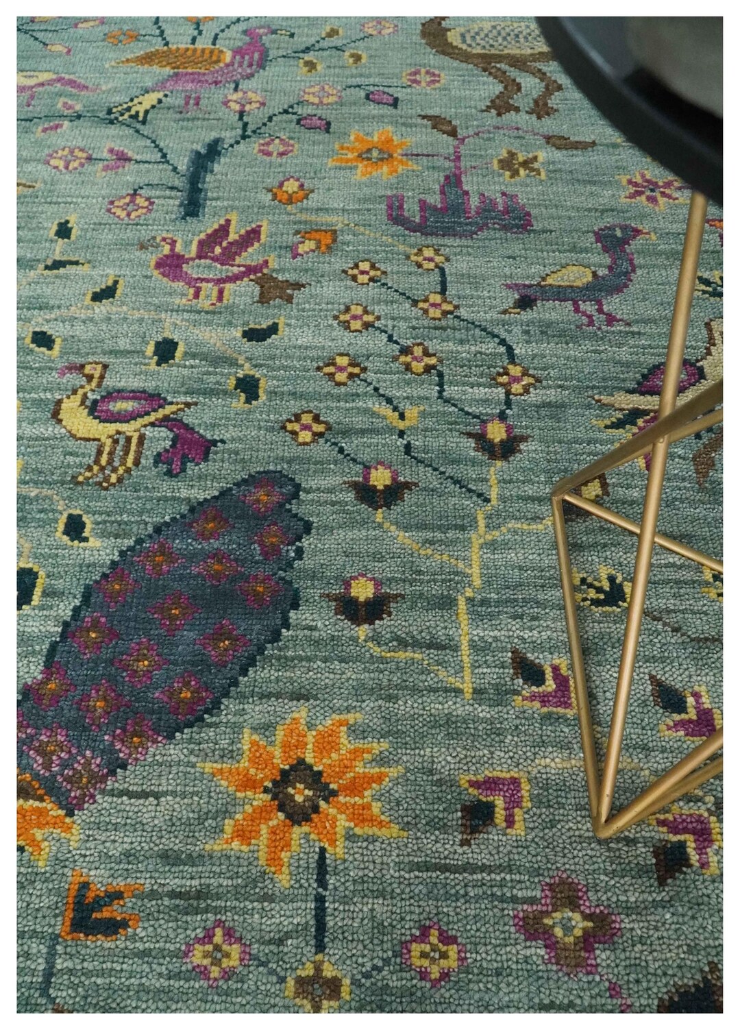 Teal Blue Bird Design Handmade Wool Rug Colorful Nature Art Carpet ...