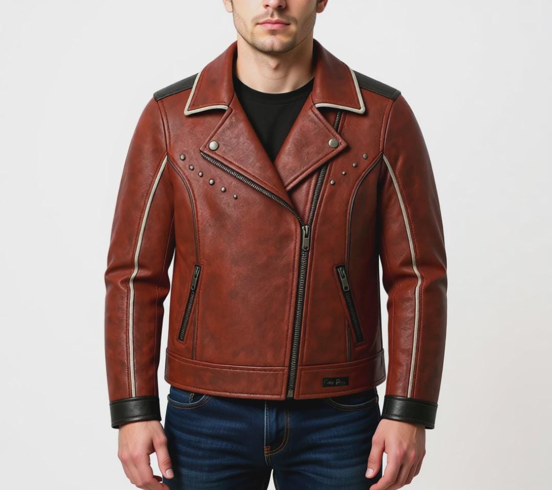 Handmade Red Distressed Leather Biker Jacket | Studded Slim Fit Moto ...