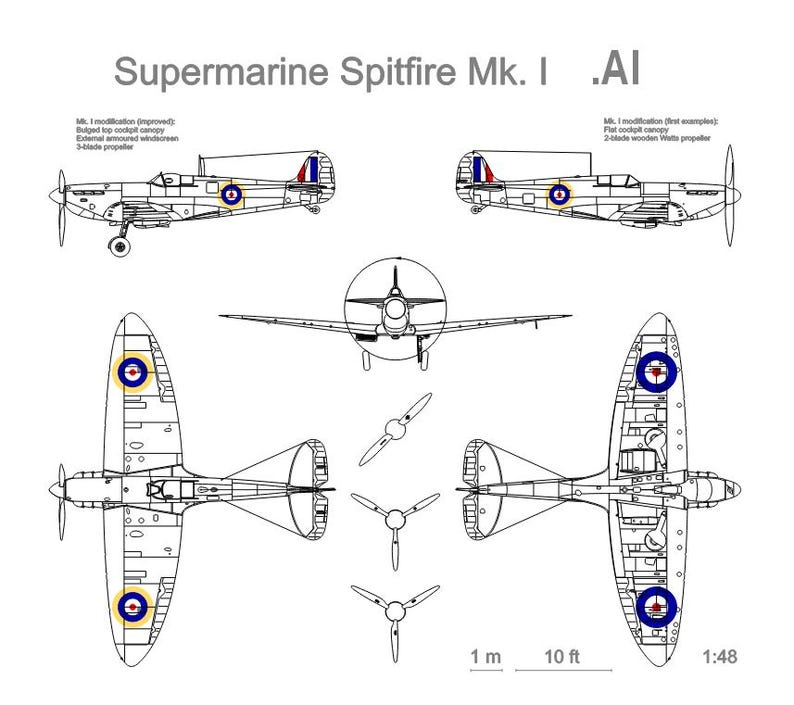 Spitfire Mk I, 5-view Drawing. Vector SVG Ai Cdr Dxf Lbrn. WWII ...