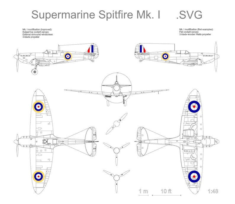Spitfire Mk I, 5-view Drawing. Vector SVG Ai Cdr Dxf Lbrn. WWII ...