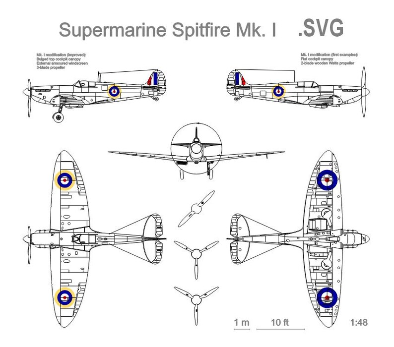 Spitfire Mk I, 5-view Drawing. Vector SVG Ai Cdr Dxf Lbrn. WWII ...