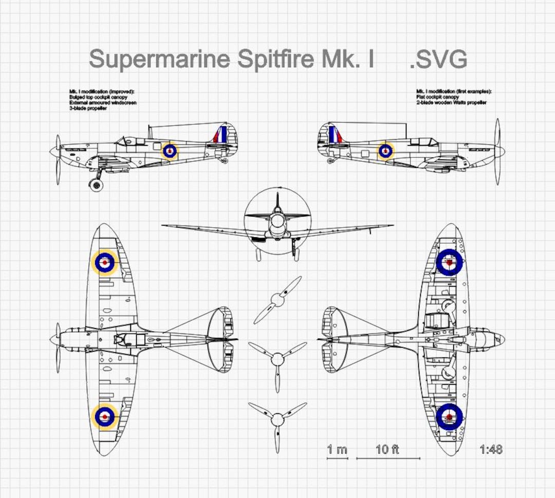 Spitfire Mk I, 5-view Drawing. Vector SVG Ai Cdr Dxf Lbrn. WWII ...