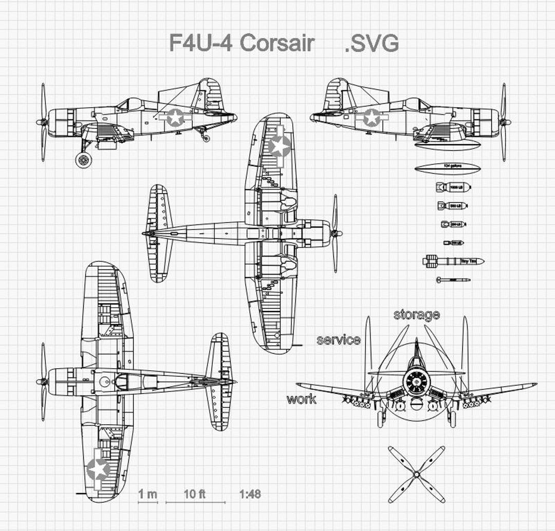 F4U-4 Corsair, 5-view Vector Drawing SVG Ai Cdr Dxf Lbrn, WWII Aircraft ...