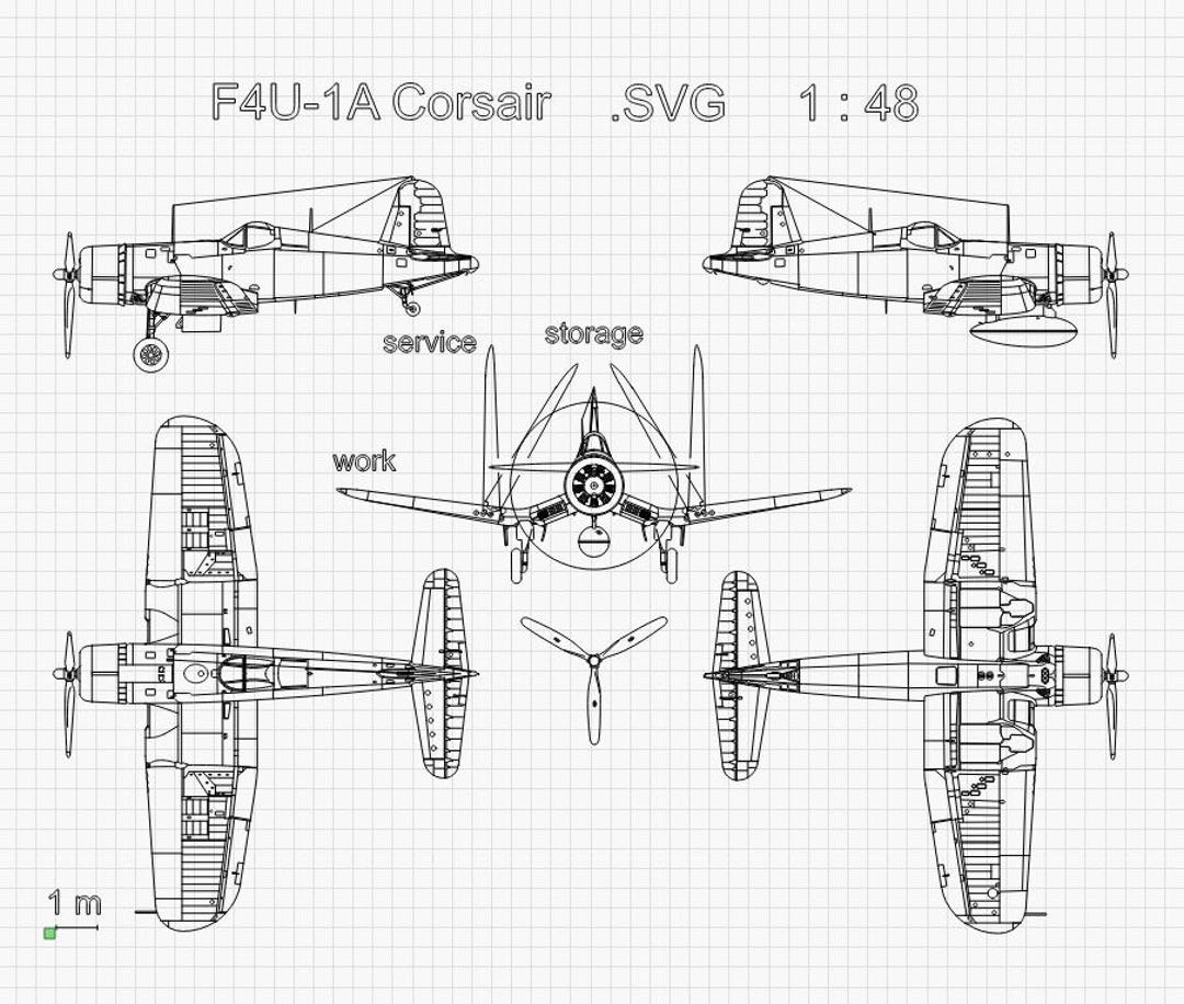 F4U-1A Corsair, 5-view Vector Drawing SVG, AI, DXF, Lbrn. Aircraft ...