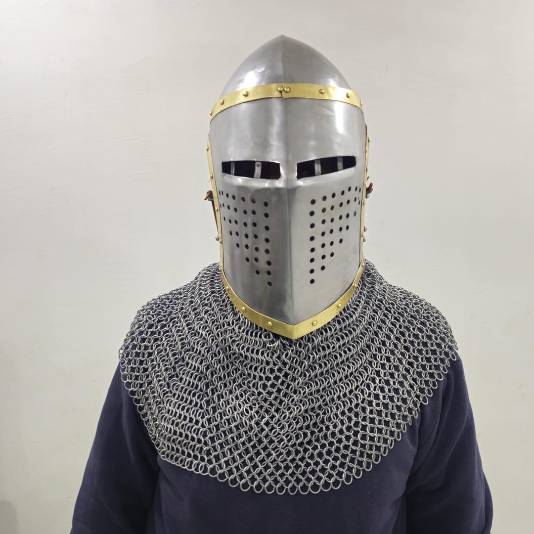 Handcrafted Medieval Great Helm With Chainmail Coif Steel Knight Helmet ...
