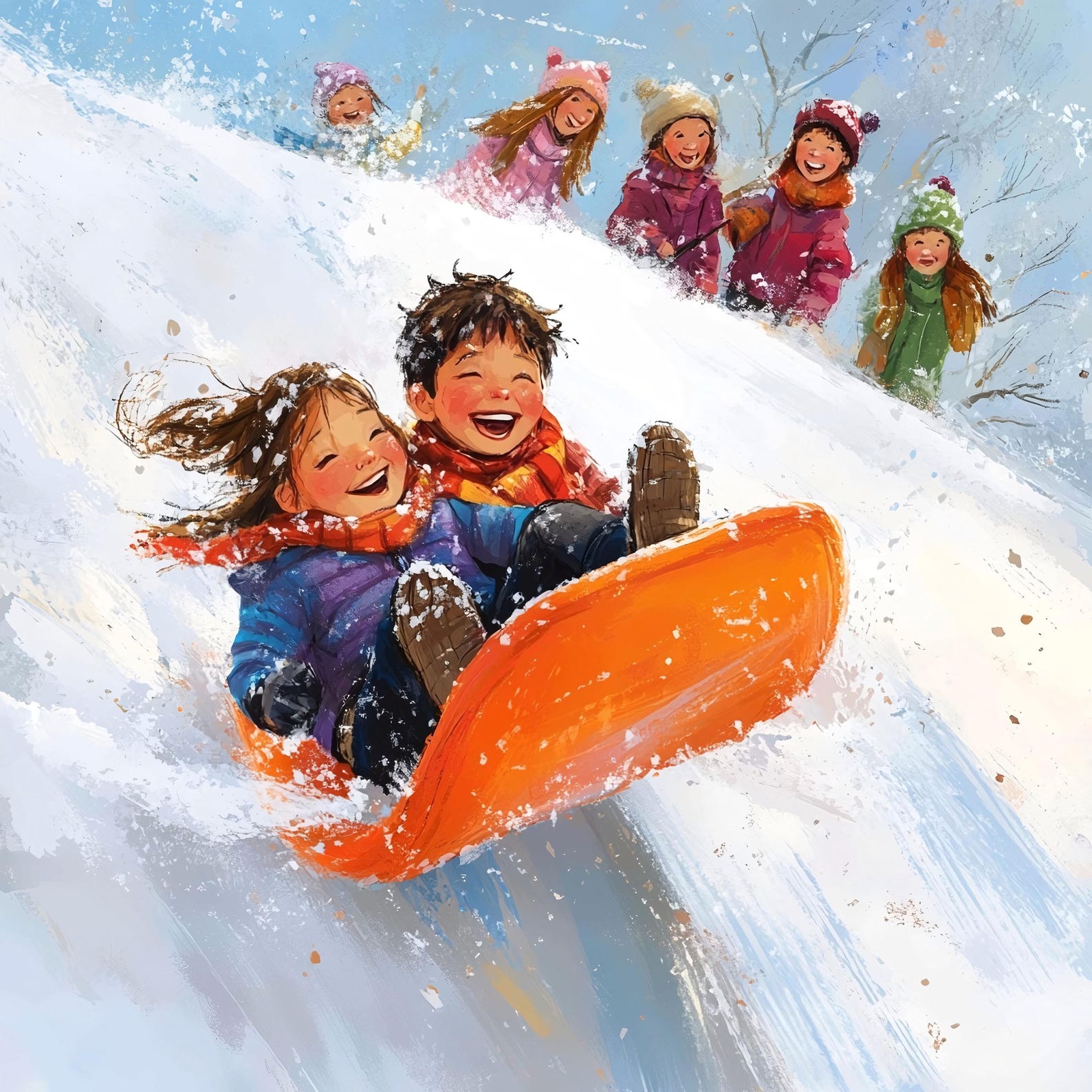 Kids Sledding Winter Clipart, Children Playing in Snow on Orange Sled ...