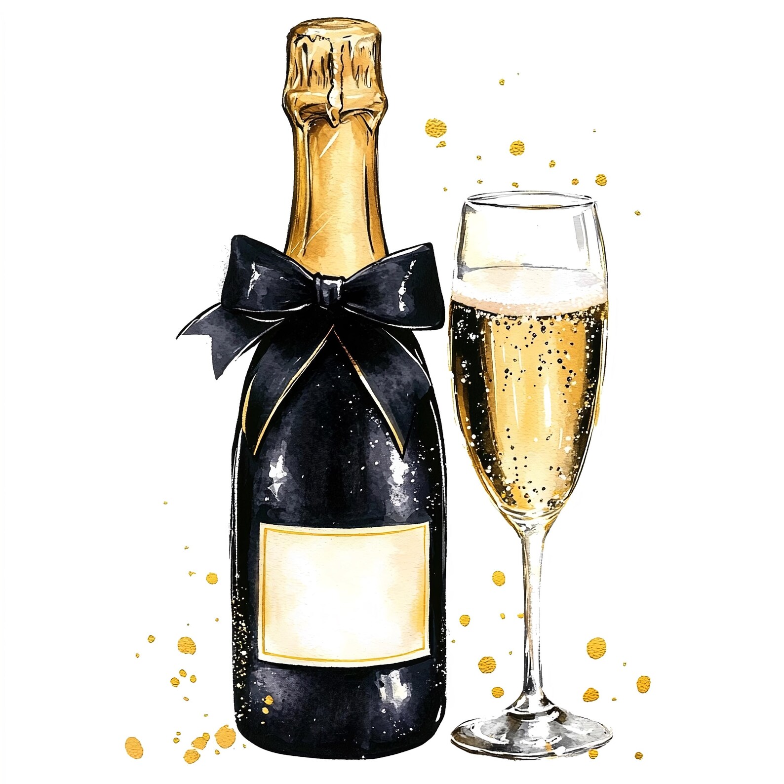 16 Luxury Black & Gold Champagne Clipart, Elegant Watercolor ...