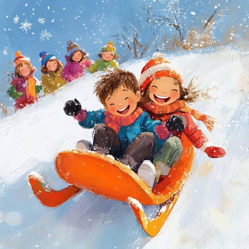 Kids Sledding Winter Clipart, Children Playing in Snow on Orange Sled ...