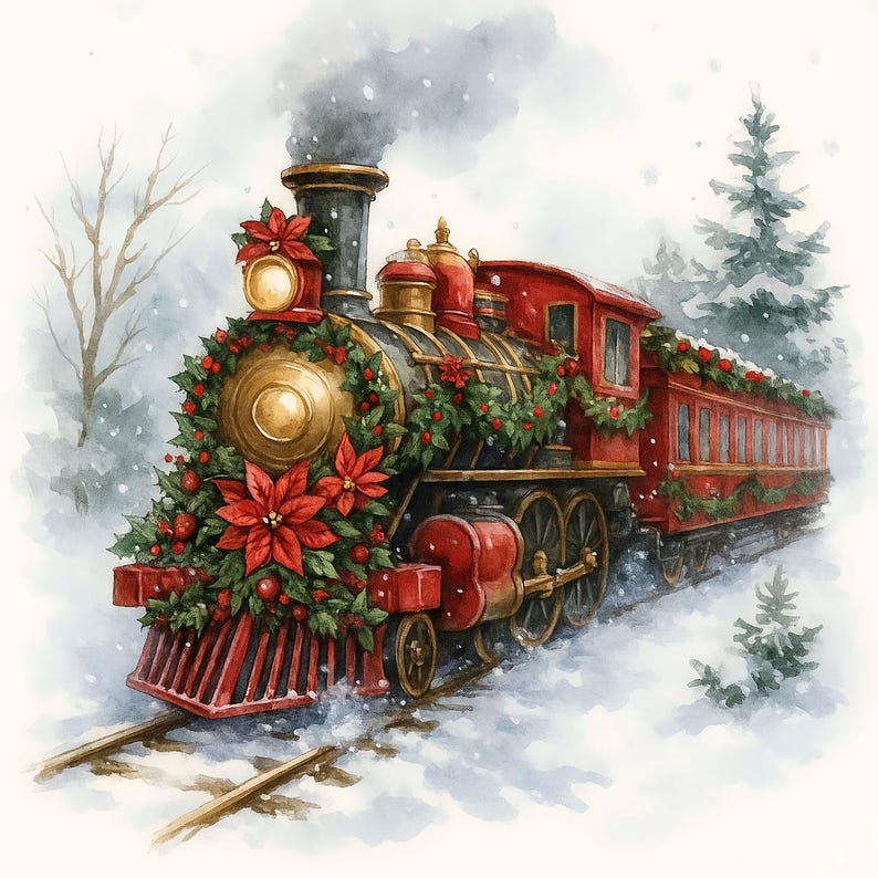 18 Vintage Christmas Train Clipart, Locomotive Art, Holiday Train, High ...