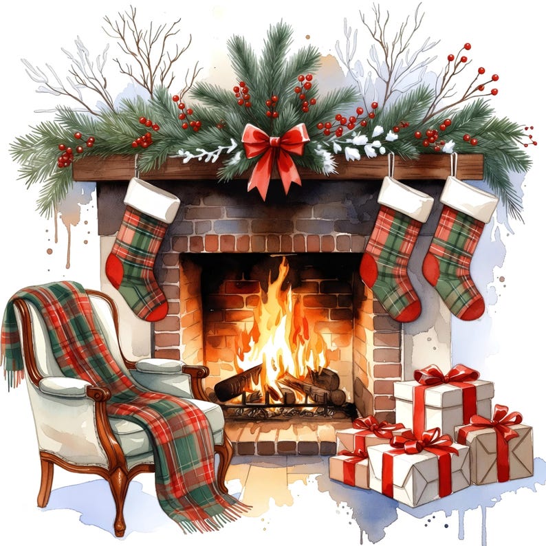 10 Vintage Christmas Fireplace Clipart, Cozy Watercolor Holiday Mantel ...