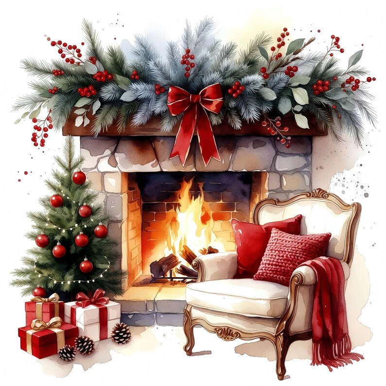 10 Vintage Christmas Fireplace Clipart, Cozy Watercolor Holiday Mantel ...