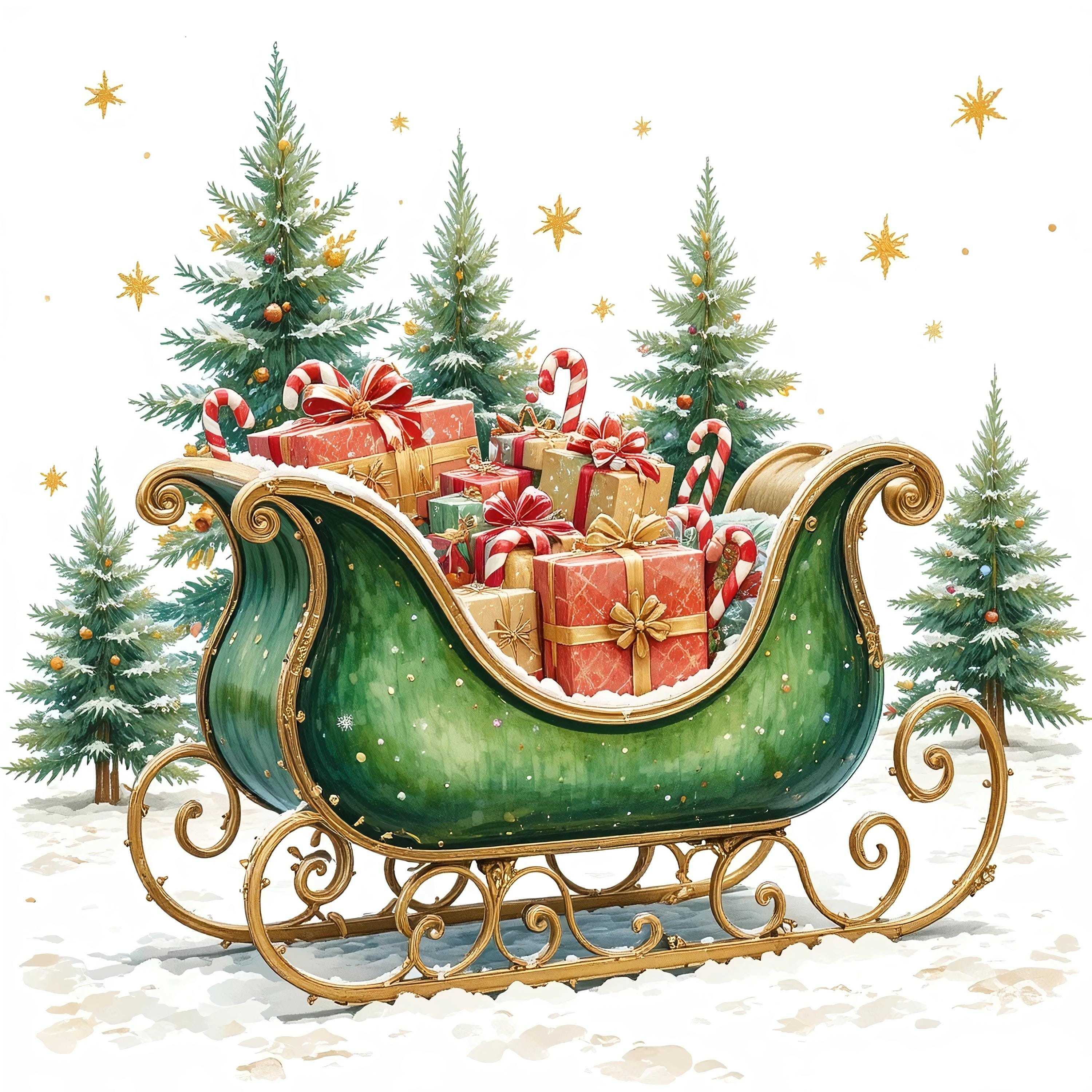 16 Christmas Sleigh Clipart – Watercolor Red, Blue, Green & Gold ...