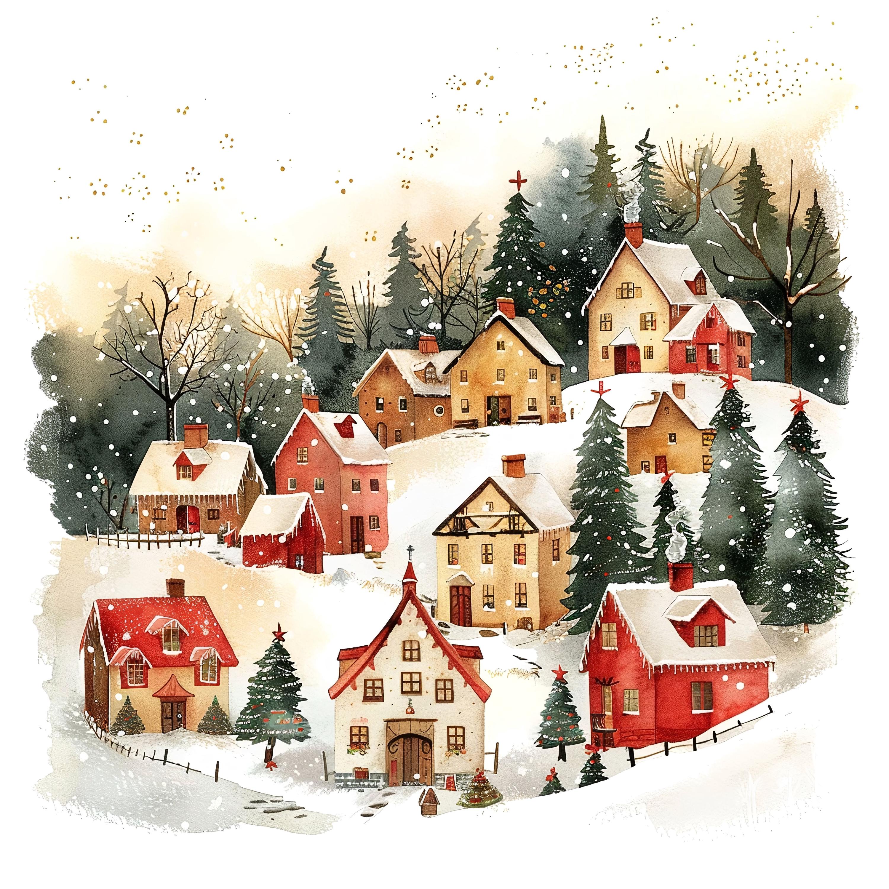 18 Christmas Winter Village Watercolor Clipart, Snowy European Town ...