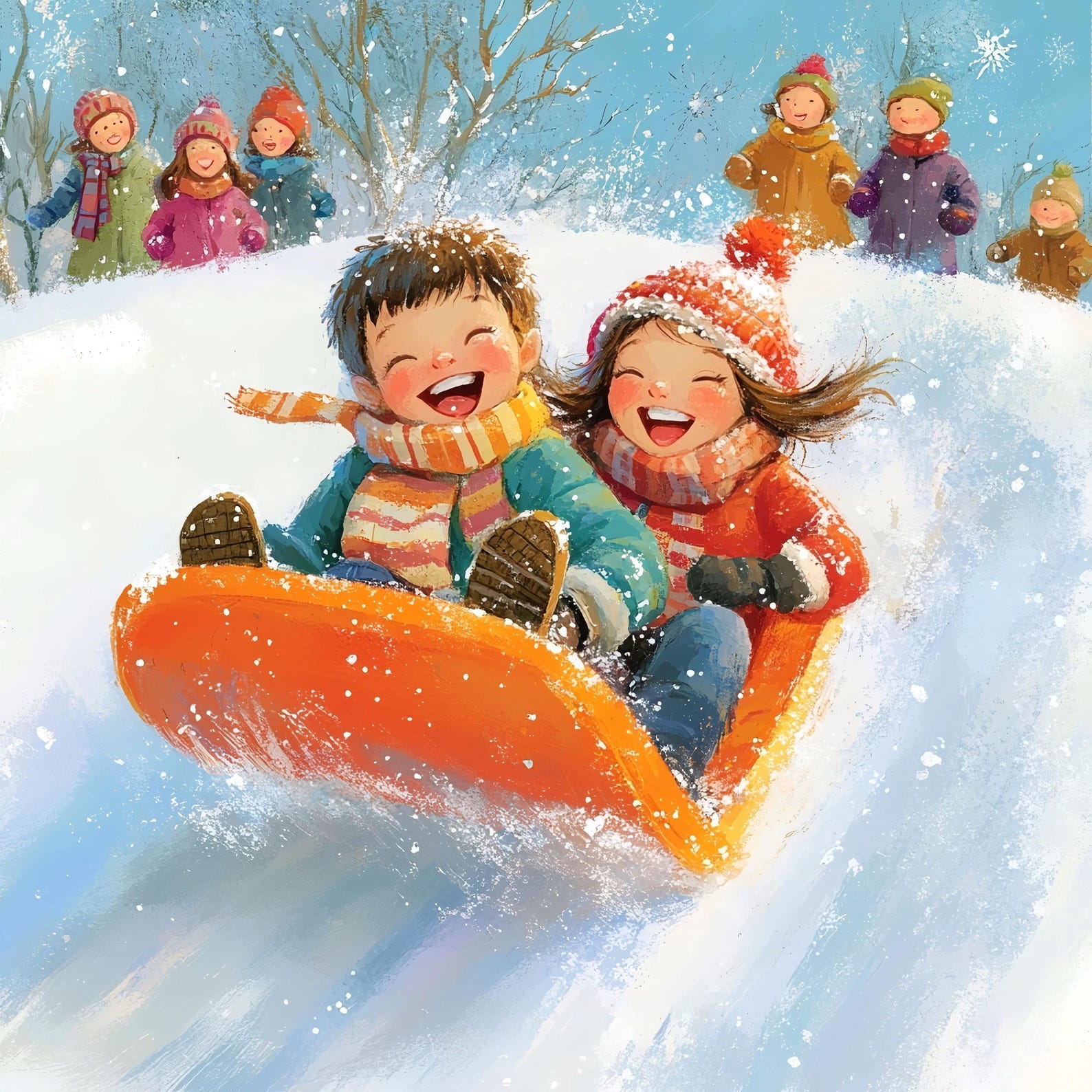 Kids Sledding Winter Clipart, Children Playing in Snow on Orange Sled ...