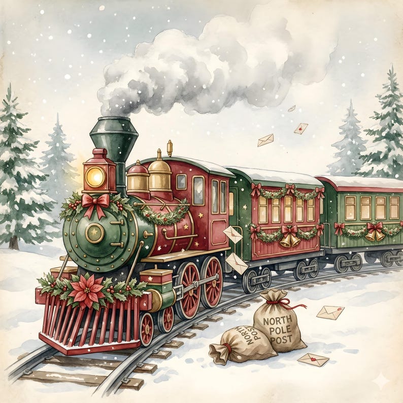 North Pole Post Train Clipart, Santa Express, Vintage Christmas Railway ...