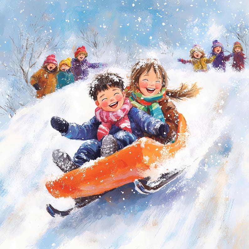 Kids Sledding Winter Clipart, Children Playing in Snow on Orange Sled ...