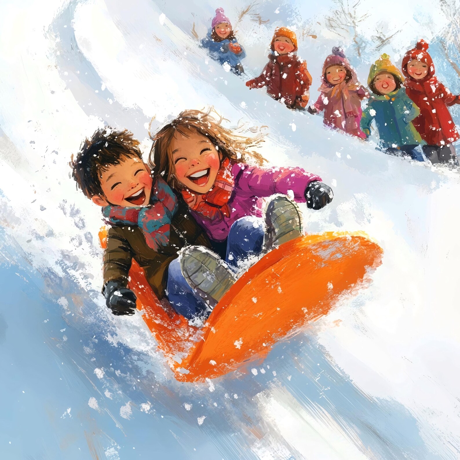 Kids Sledding Winter Clipart, Children Playing in Snow on Orange Sled ...