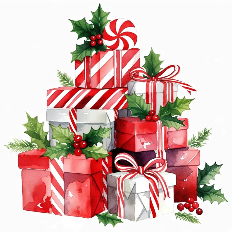 13 Candy Cane Christmas Present Clipart Stack, Red White Gift Boxes ...