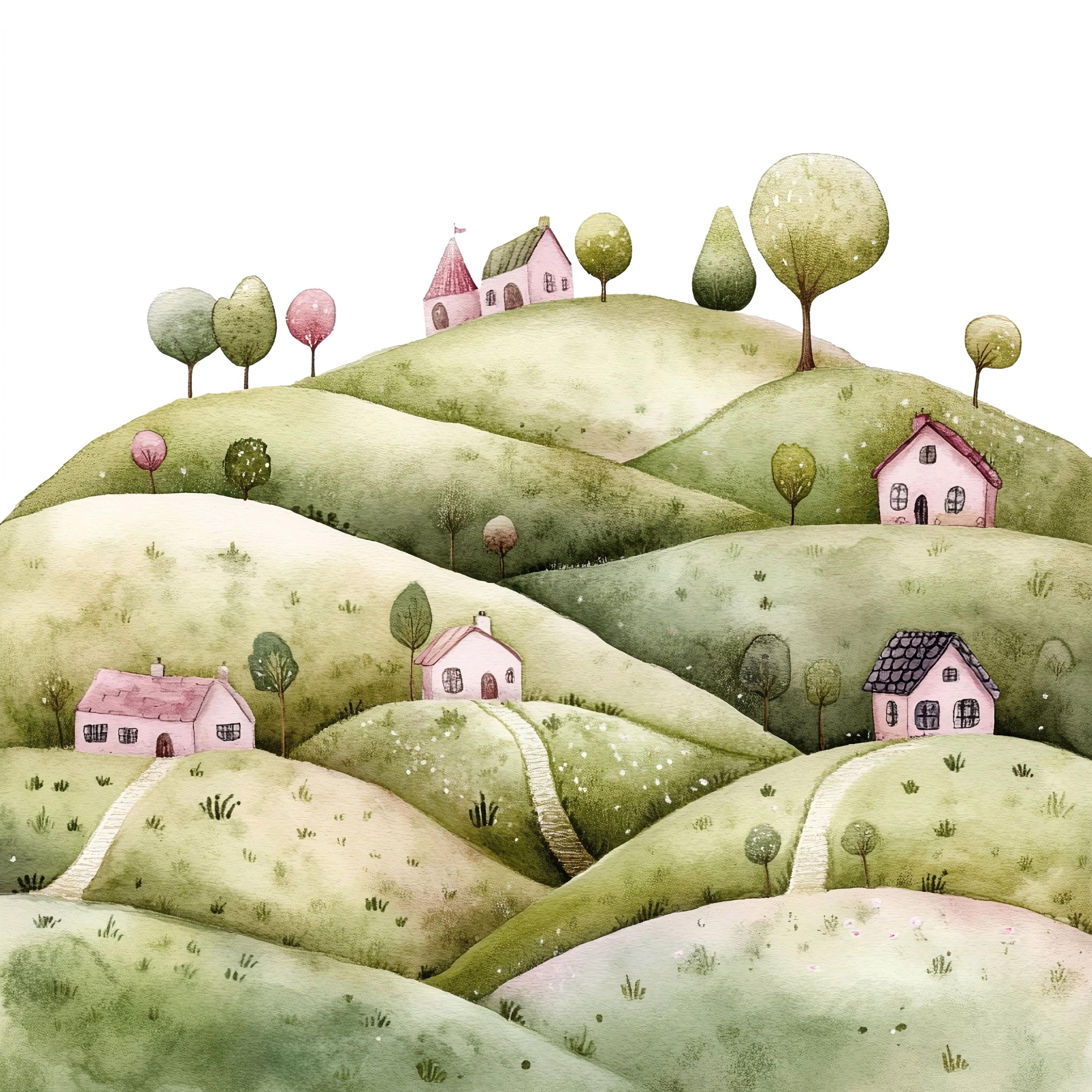 16 Whimsical Watercolor Countryside Clipart, Folk Art Village, High ...
