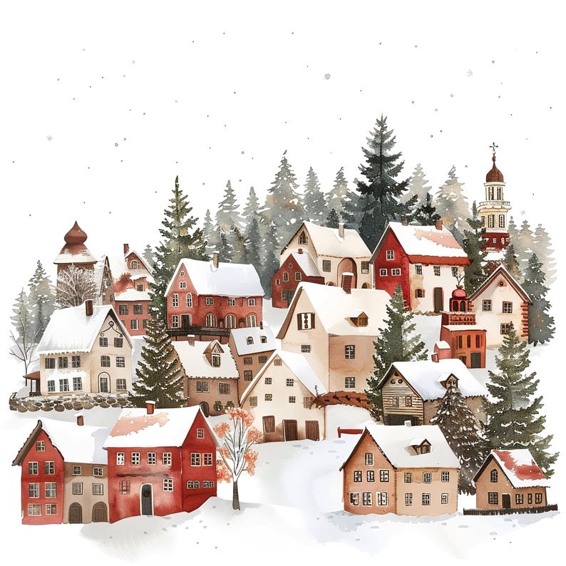 18 Christmas Winter Village Watercolor Clipart, Snowy European Town ...