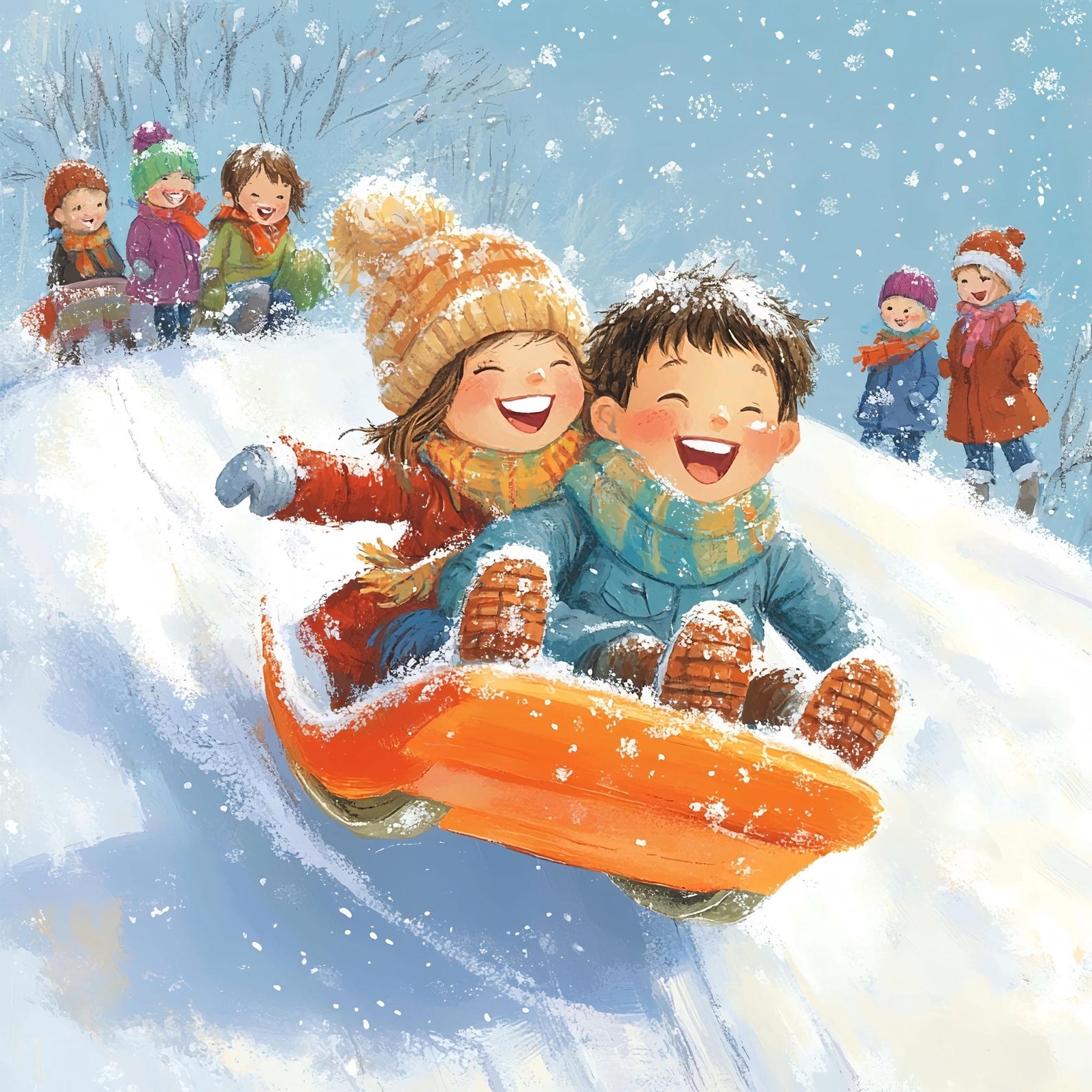 Kids Sledding Winter Clipart, Children Playing in Snow on Orange Sled ...
