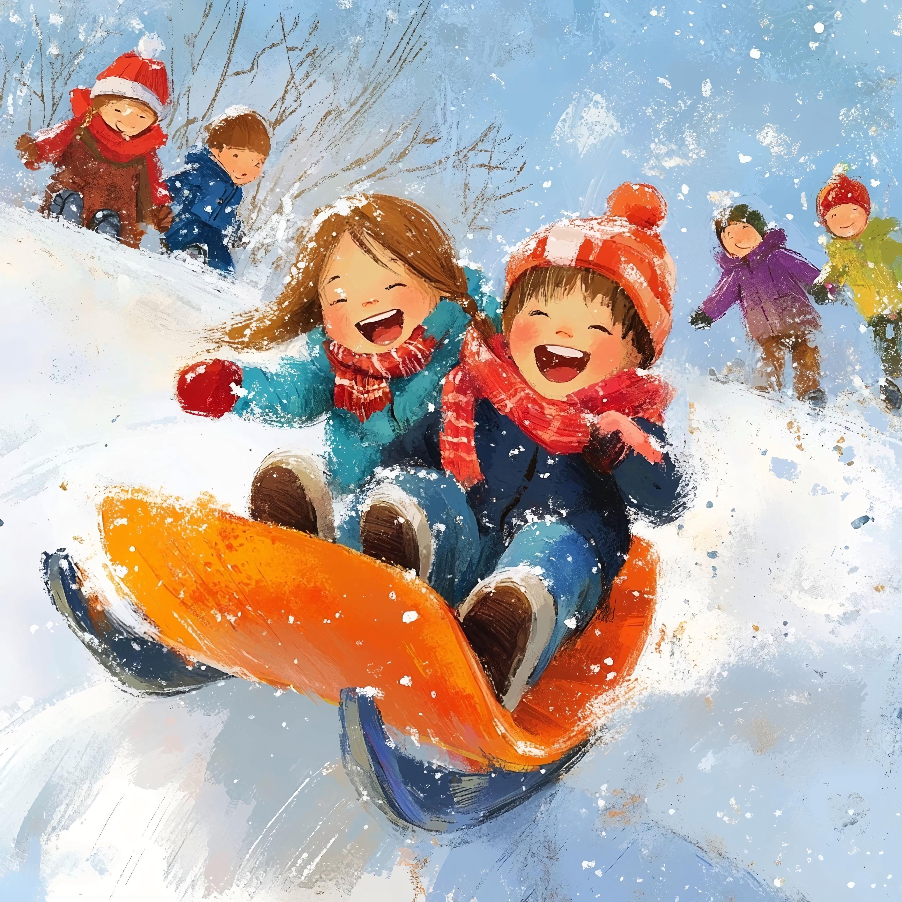 Kids Sledding Winter Clipart, Children Playing in Snow on Orange Sled ...