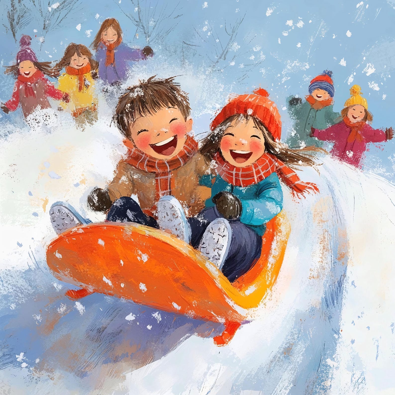 Kids Sledding Winter Clipart, Children Playing in Snow on Orange Sled ...