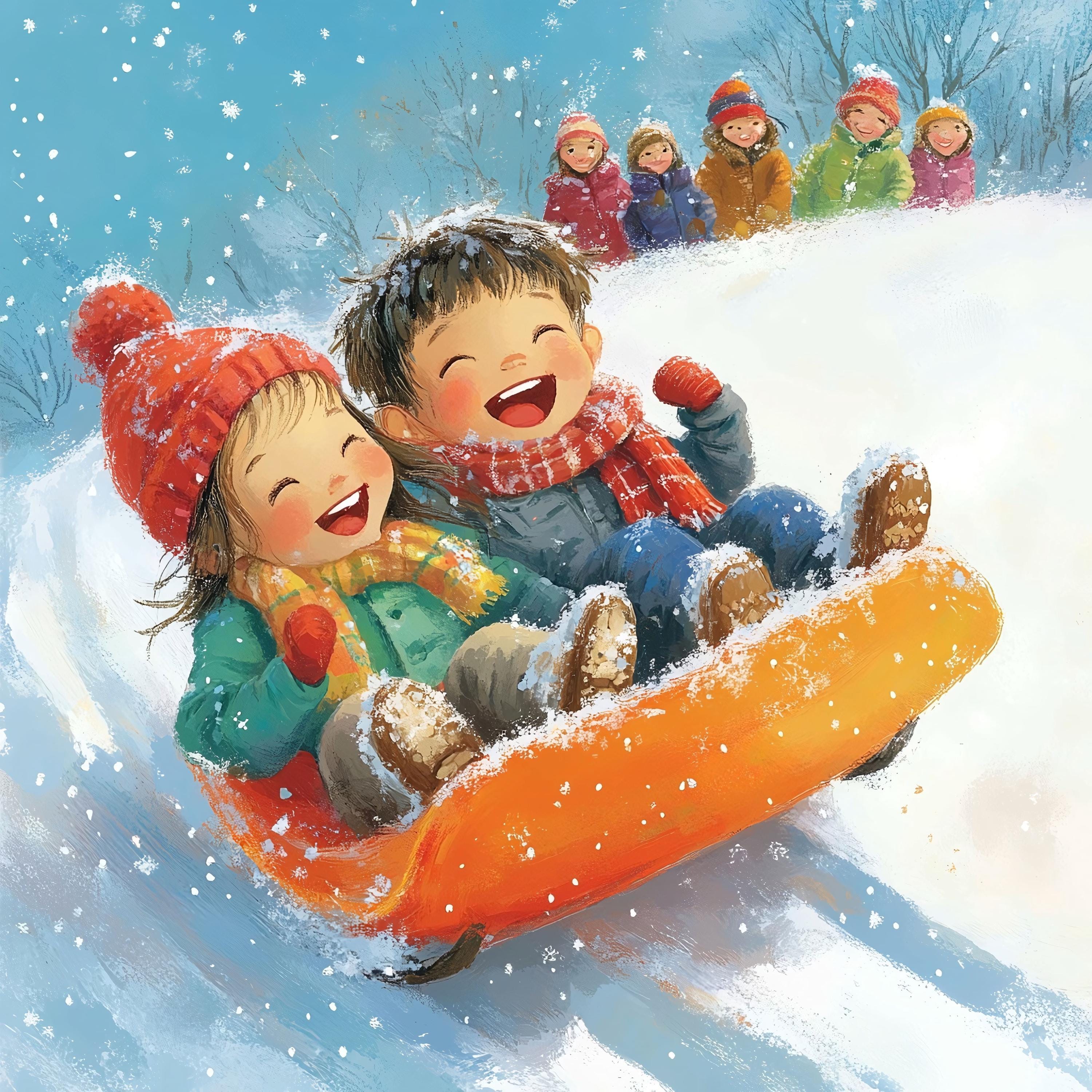 Kids Sledding Winter Clipart, Children Playing in Snow on Orange Sled ...