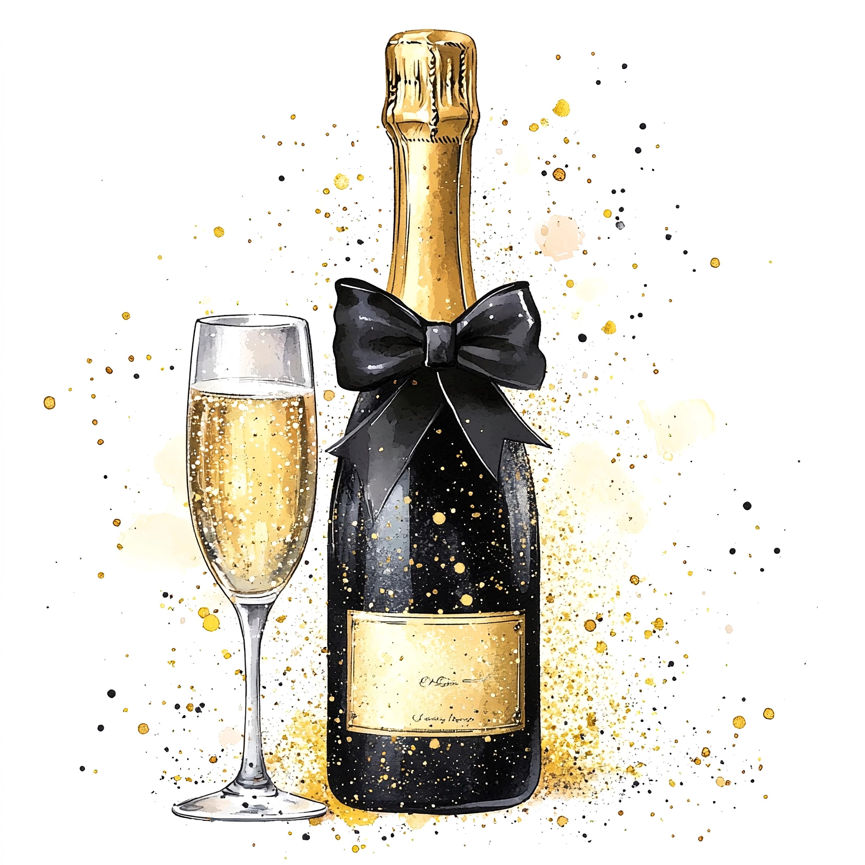 16 Luxury Black & Gold Champagne Clipart, Champagne Bottle Bow, Wedding ...