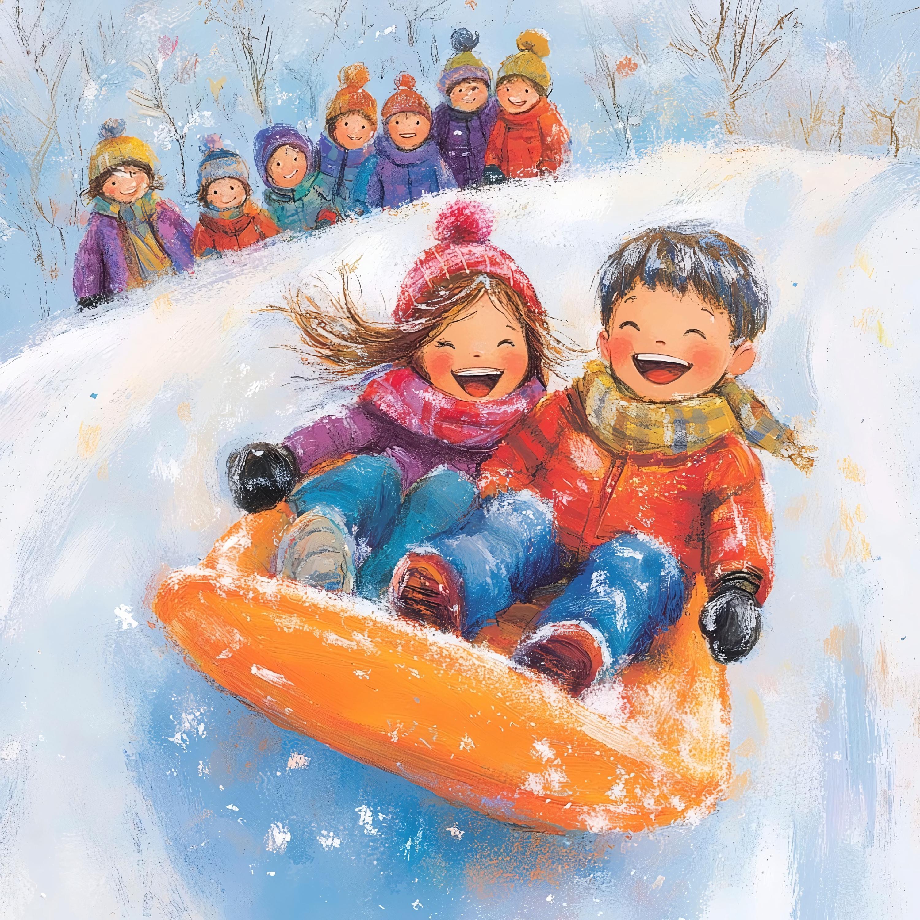 Kids Sledding Winter Clipart, Children Playing in Snow on Orange Sled ...