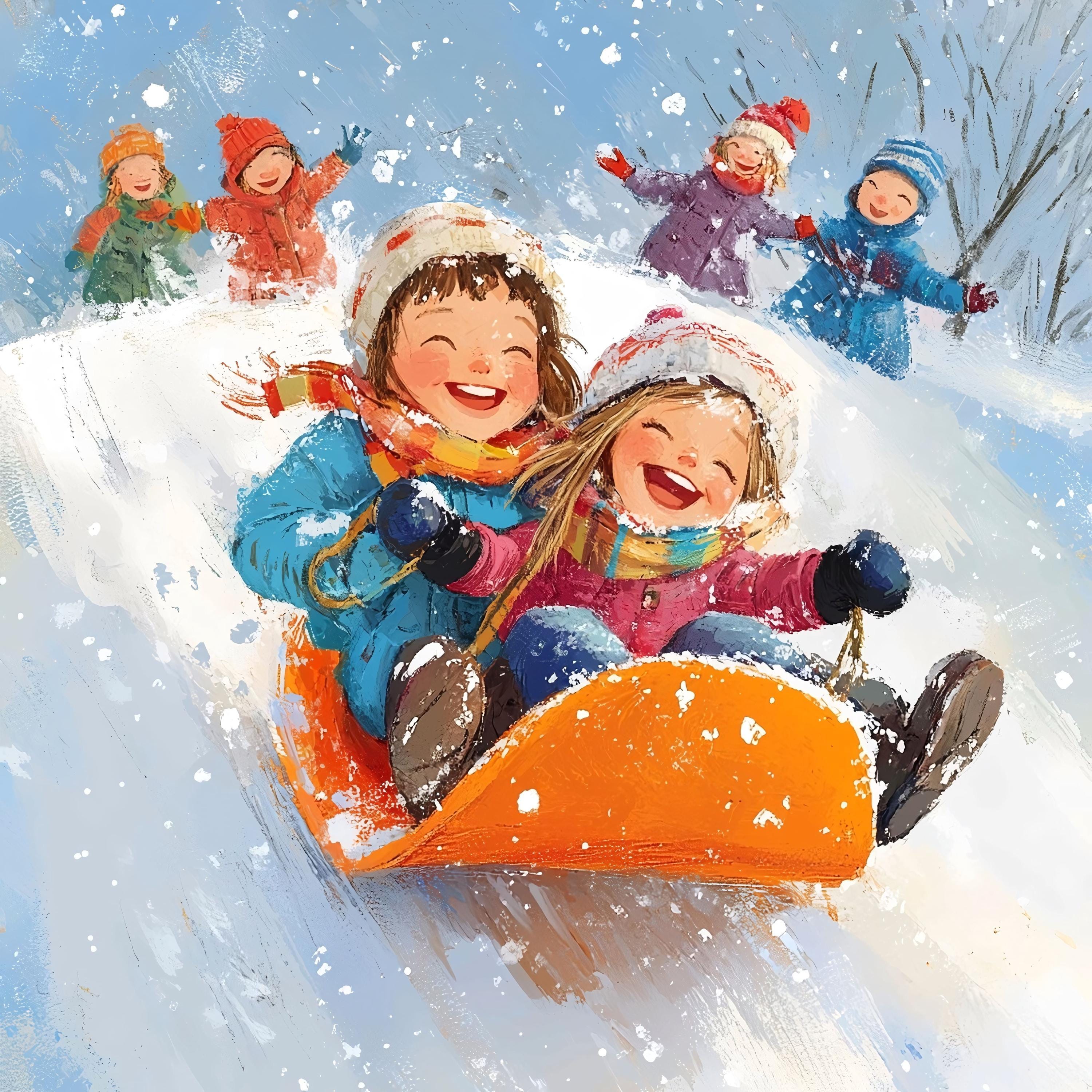 Kids Sledding Winter Clipart, Children Playing in Snow on Orange Sled ...