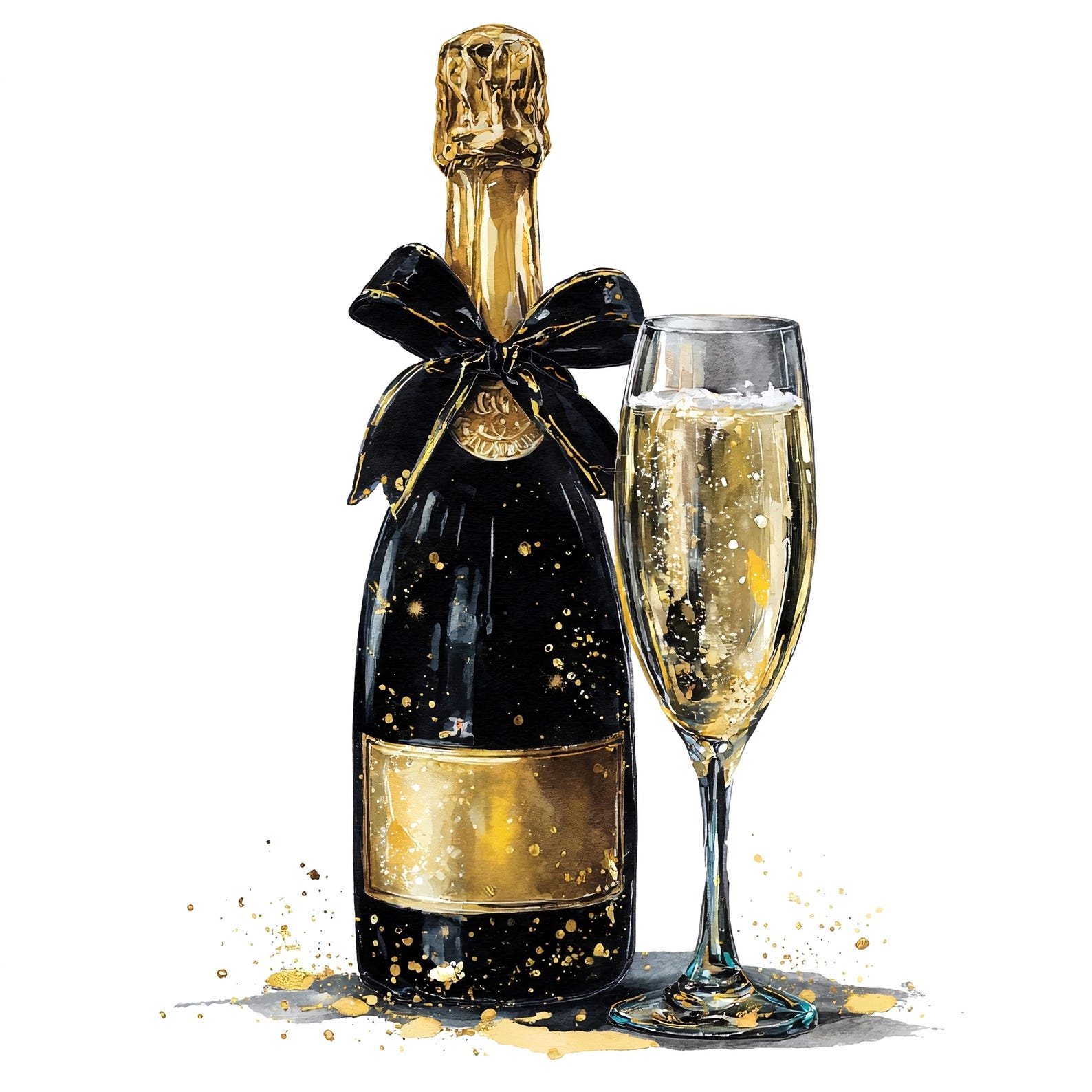 16 Luxury Black & Gold Champagne Clipart, Champagne Bottle Bow, Wedding ...