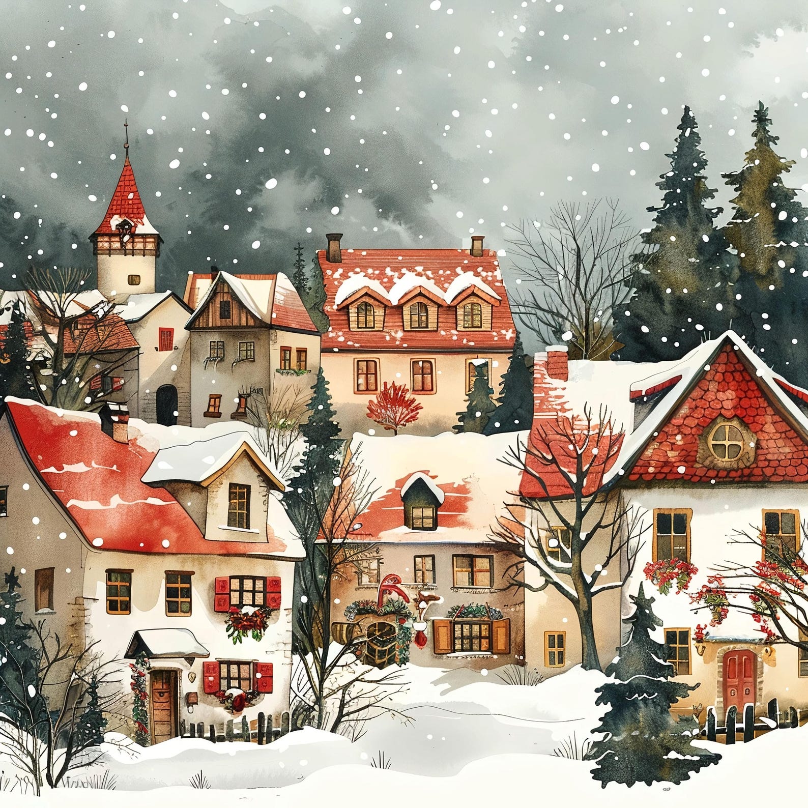 18 Christmas Winter Village Watercolor Clipart, Snowy European Town ...
