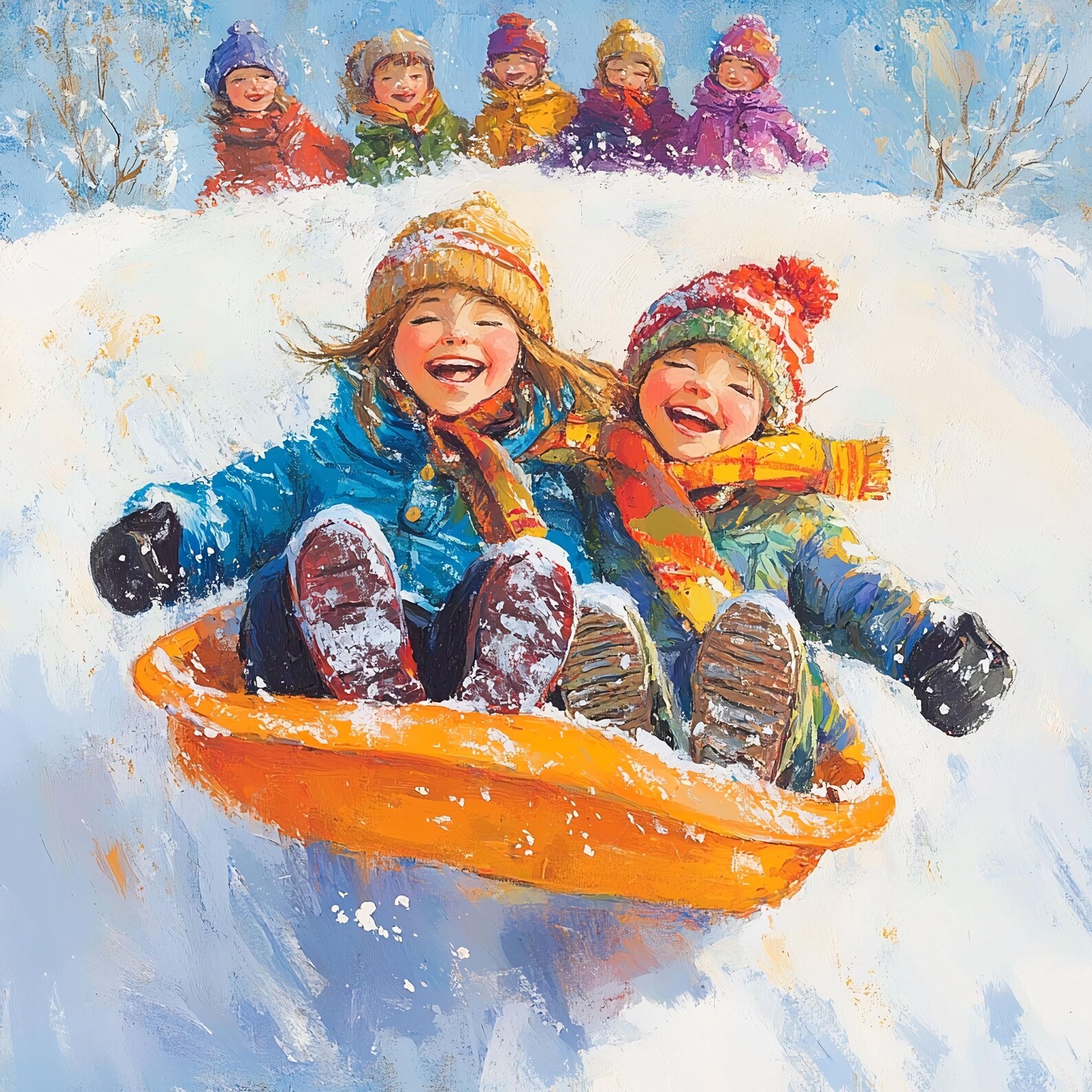 Kids Sledding Winter Clipart, Children Playing in Snow on Orange Sled ...