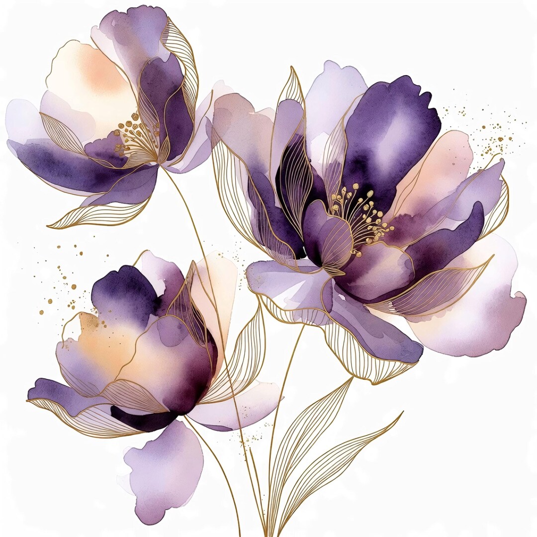 12 Purple Gold Watercolor Floral Clipart, Elegant Boho Flower Bouquets ...