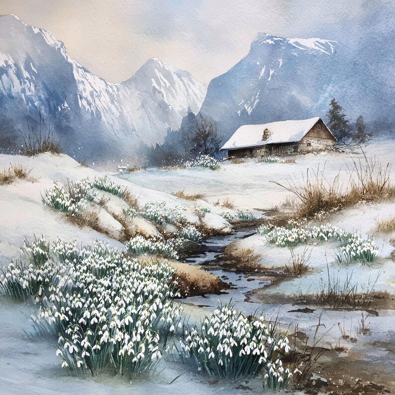 8 Winter Watercolor Mountain Clipart, Alpine Landscape, Mountain Scene ...