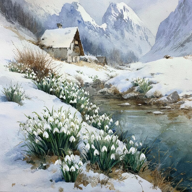 8 Winter Watercolor Mountain Clipart, Alpine Landscape, Mountain Scene ...