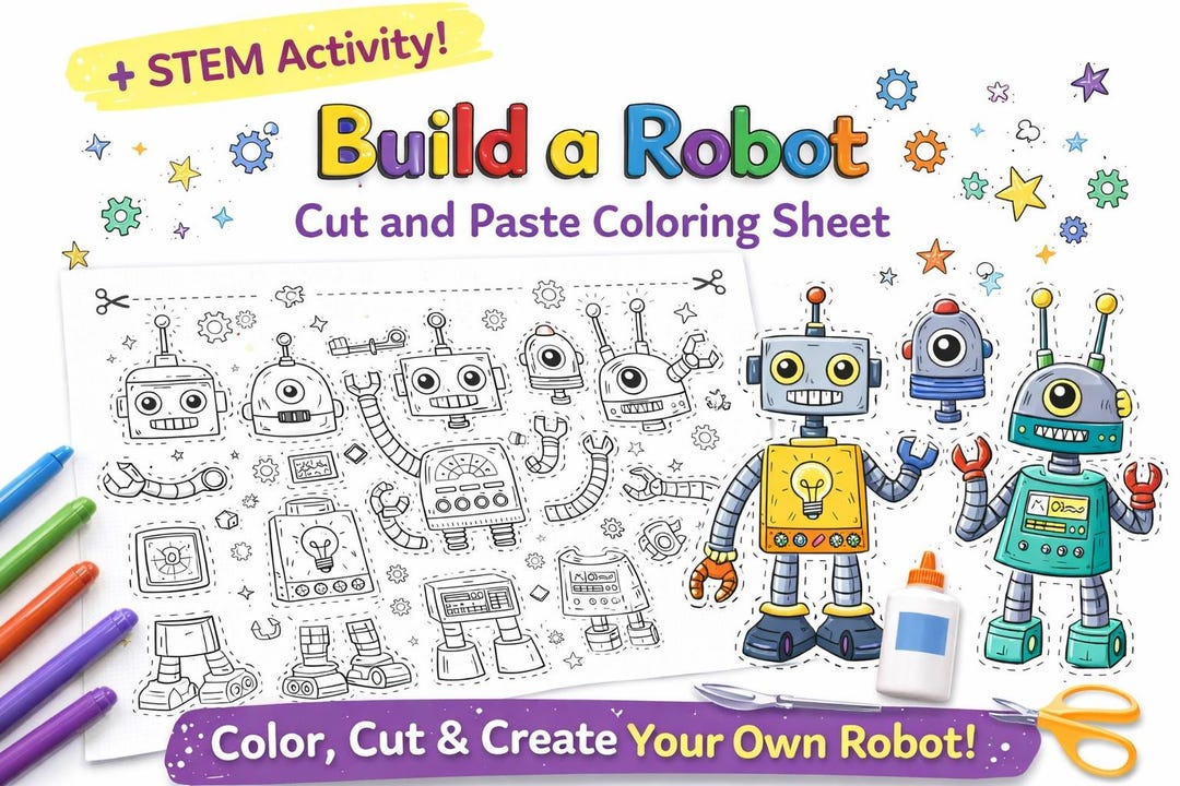 Build a Robot Cut and Paste Coloring Sheet | Robot Craft Printable for ...